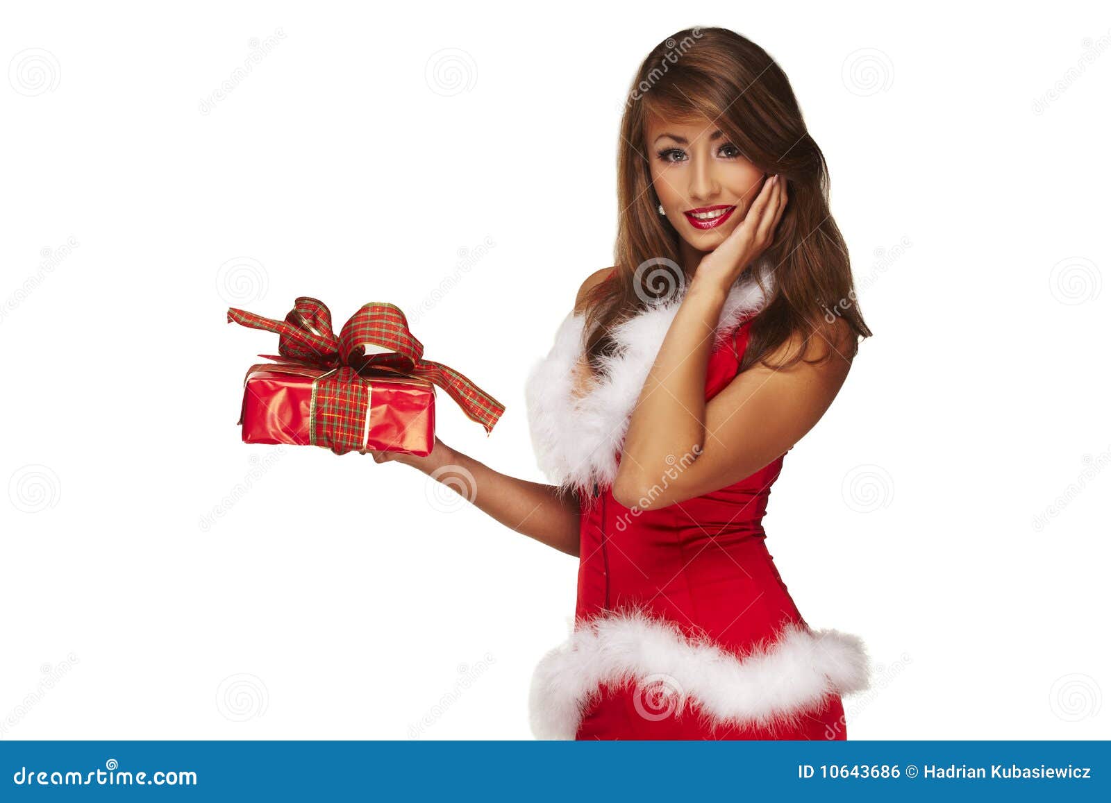 Santa Helper Girl On White Background With Long Hair And Red Gif Stock ...