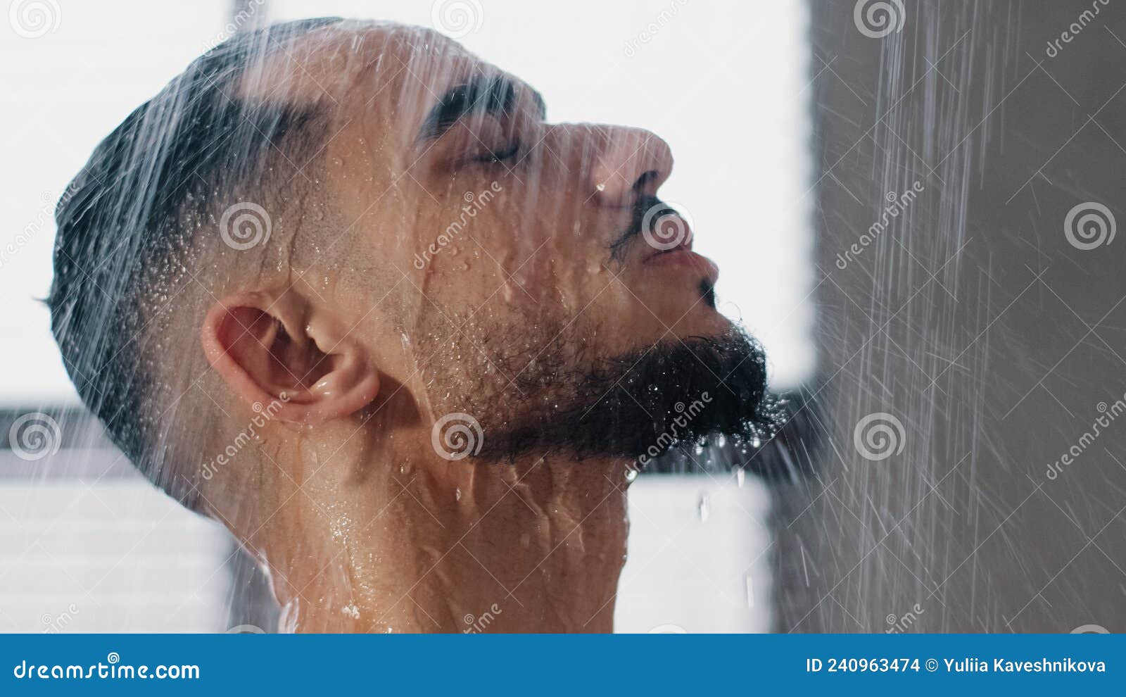 Seductive Arab Bearded Man In Shower Washing Head Showering In Bathroom
