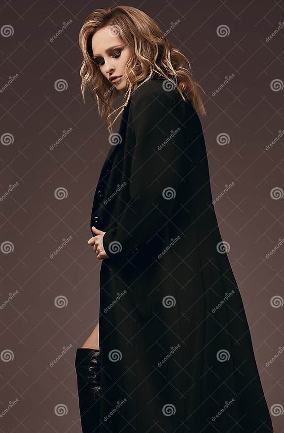 Seductive Blonde Girl In Underwear And Black Coat Stock Image Image
