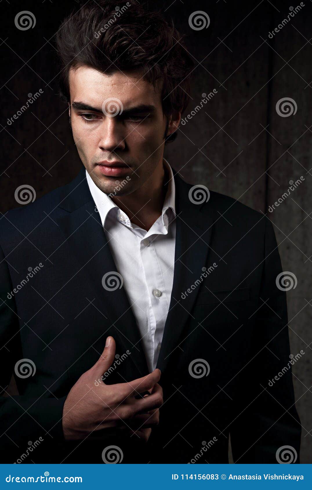 Serious Thinking Business Man Posing In Blue Fashion Suit A Stock Image