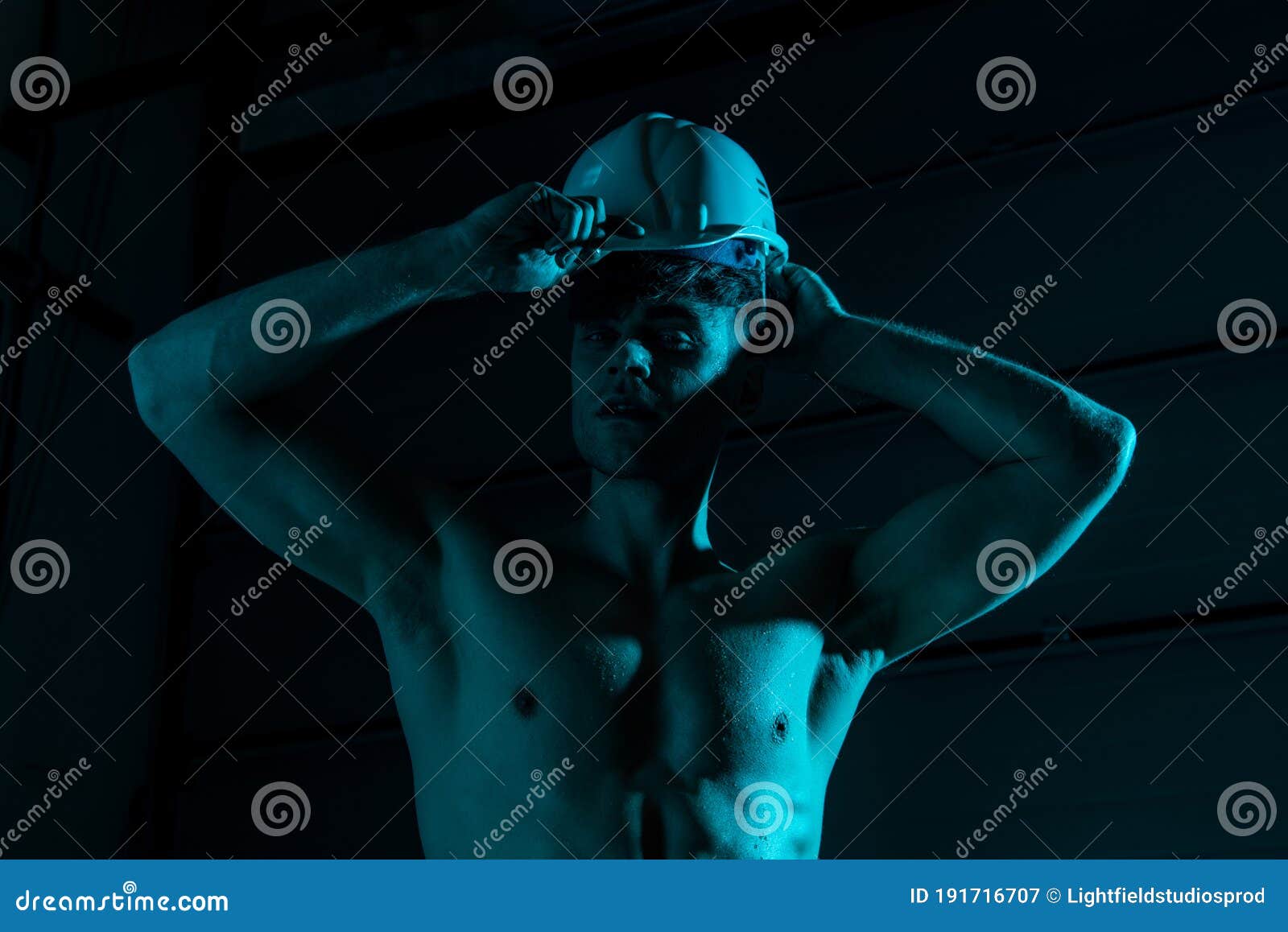 Shirtless Fireman in Protective Helmet in Darkness Stock Image - Image ...