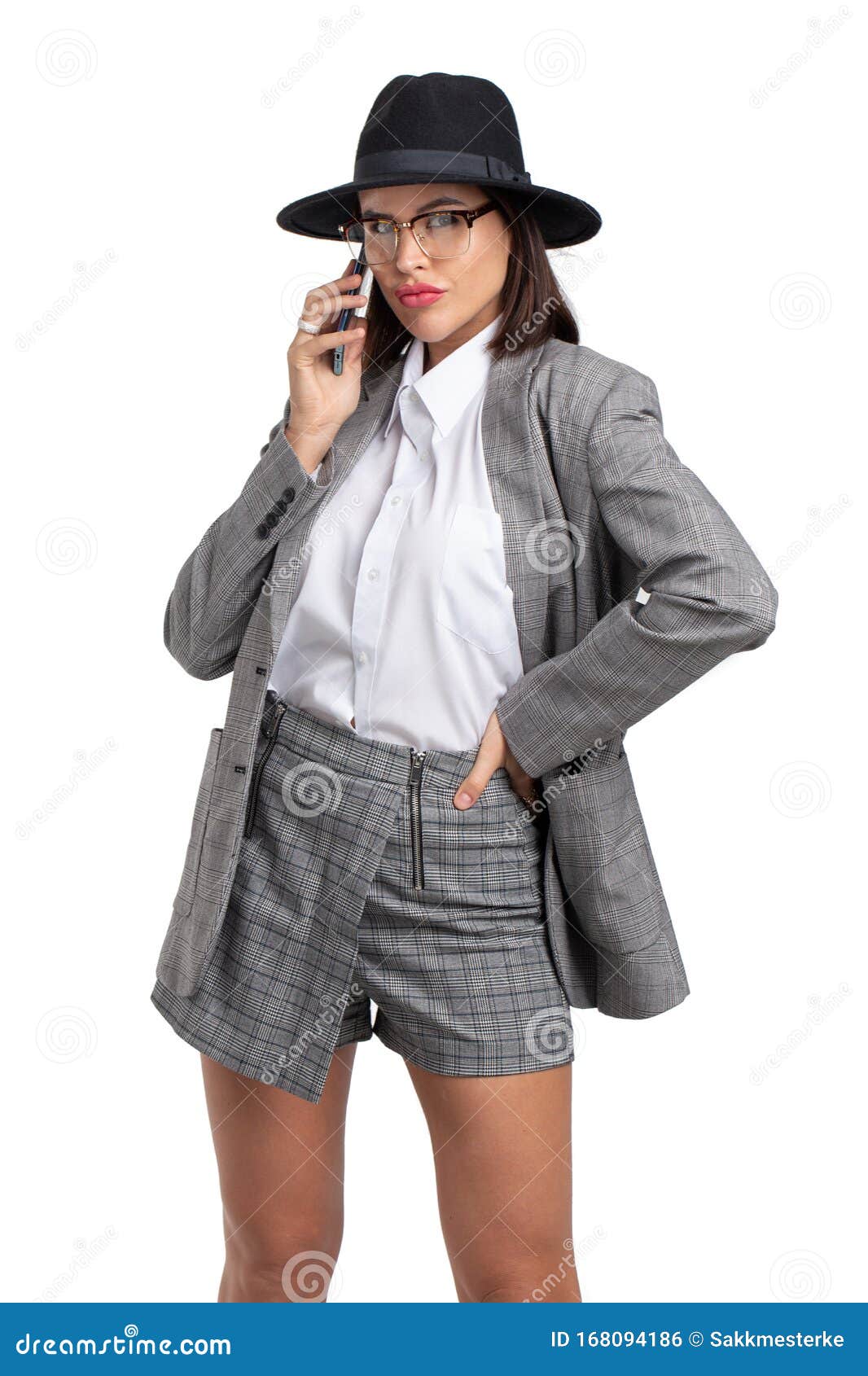 Smart Woman in Hat Calling Isolated Stock Photo - Image of brunette ...