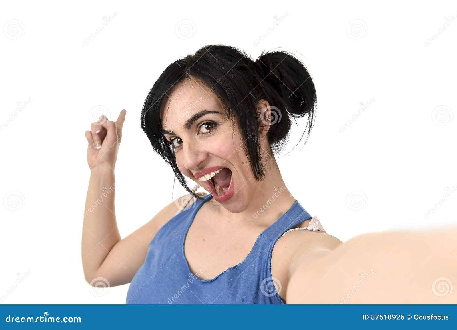Sexy Vrouw Die Selfie Foto Met Stok En Het Mobiele Gelukkige