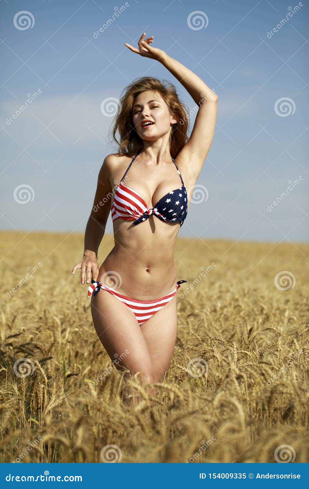Woman In American Flag Bikini In A Wheat Field Stock Image Image Of