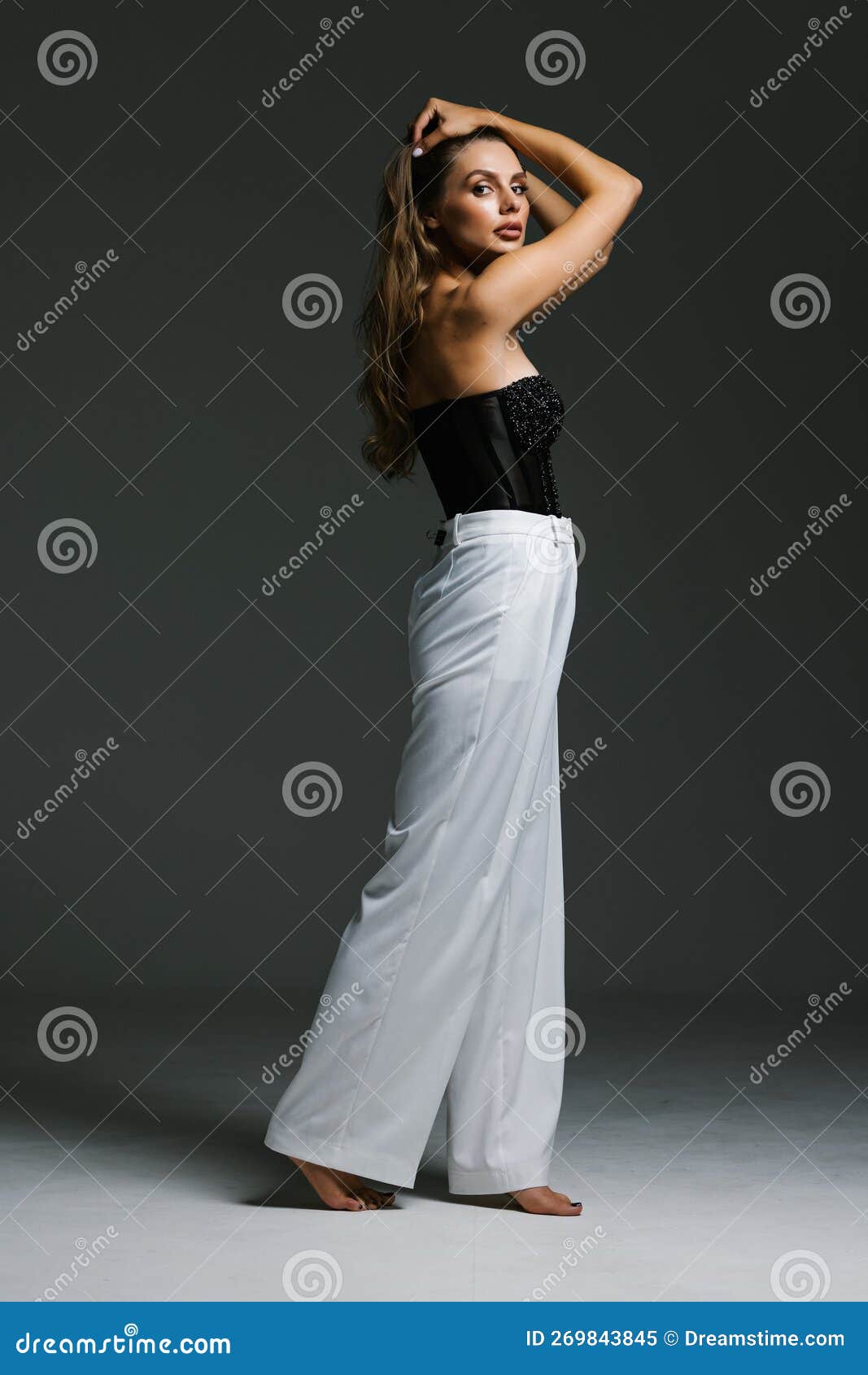 Woman In Black Corset And Black High Boots Fashion Young Woman With