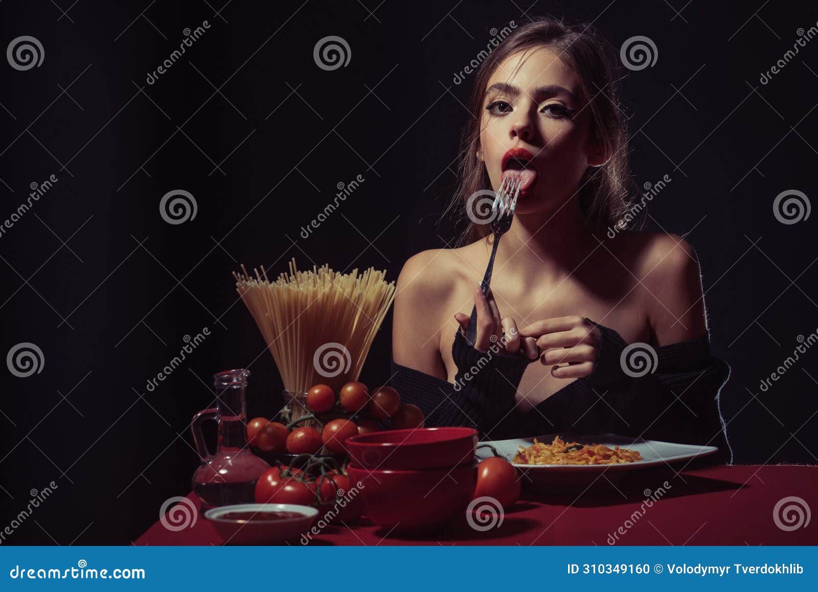 Woman Eat Spaghetti Sensual Woman Enjoying Pasta Seductive Spaghetti