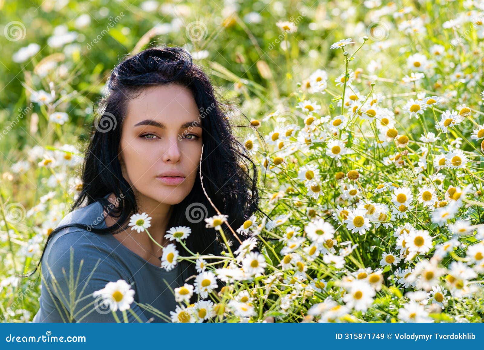 Woman Enjoying Chamomile Daisy Field Nice Female Lying In Meadow Of
