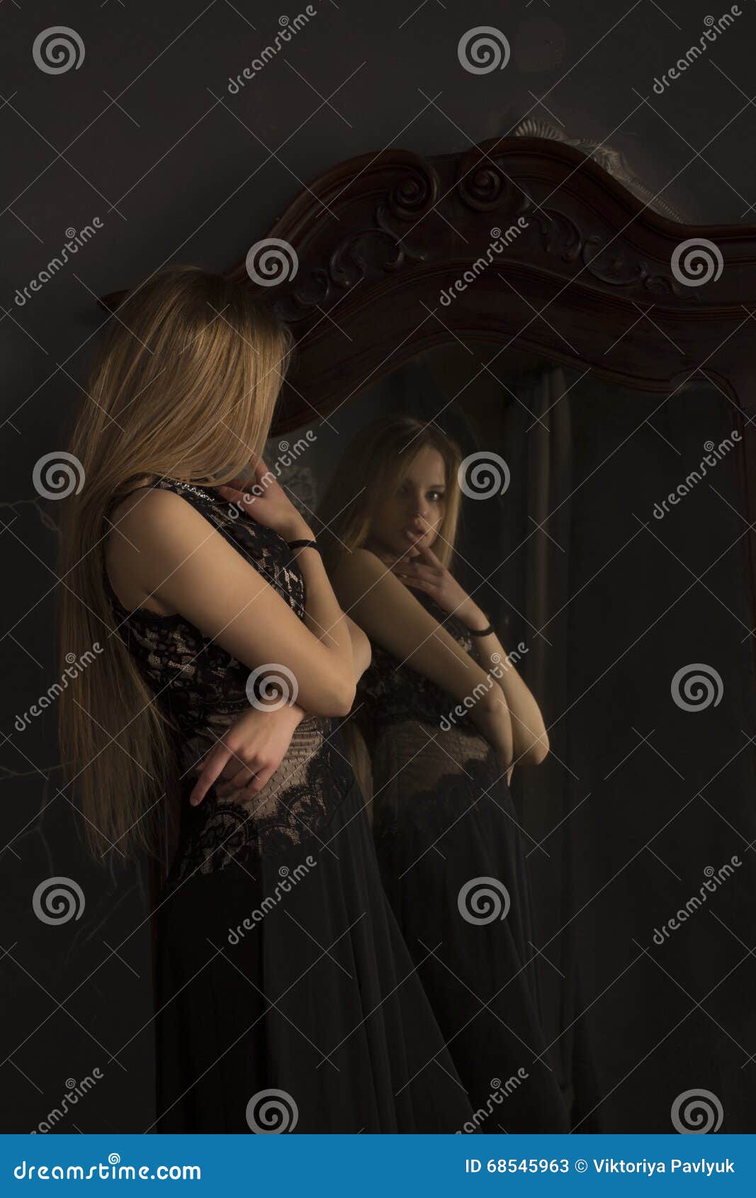 Woman Looking Herself Reflection in Mirror Stock Image - Image of ...
