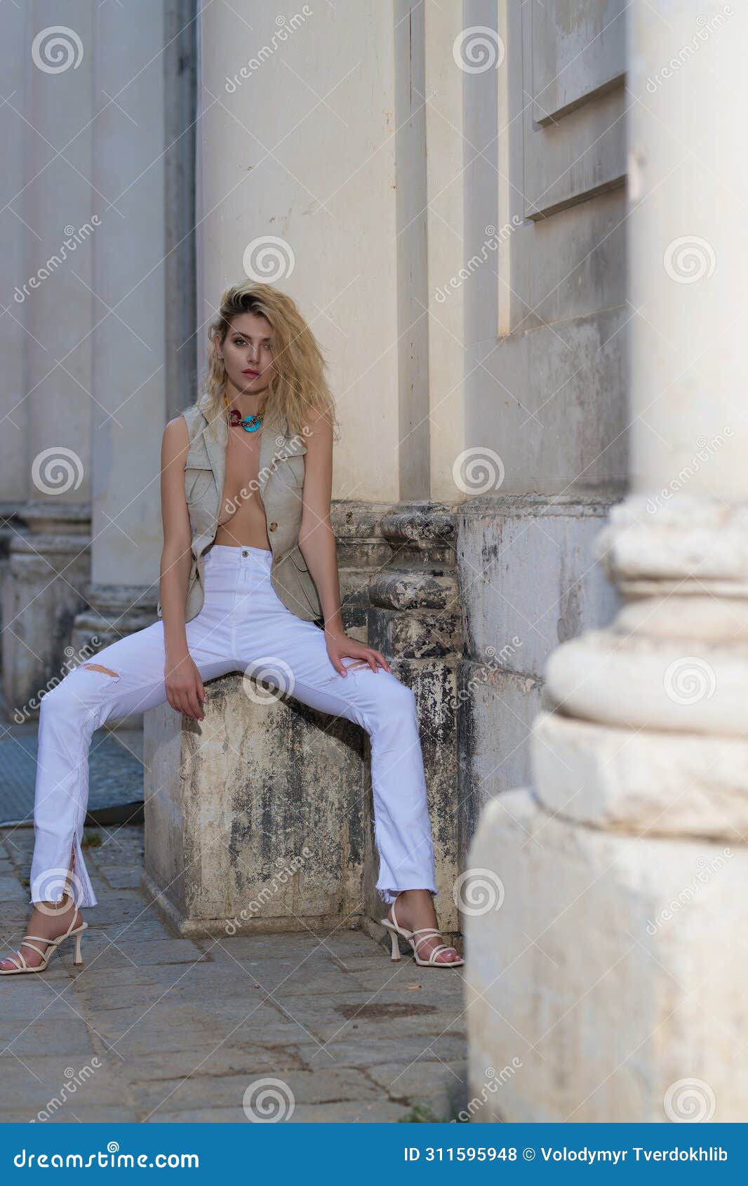Woman Posing With Slim Body On Old European City Beautiful Model