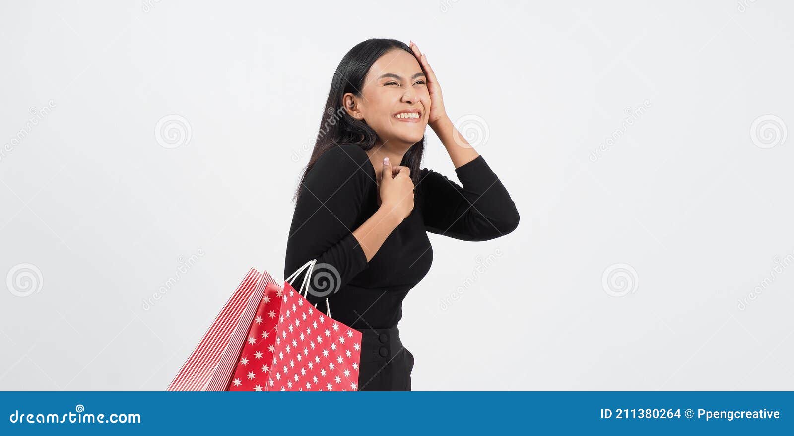Woman Shopping Beautiful Girl Wearing Black Holding Red Shopping Bags