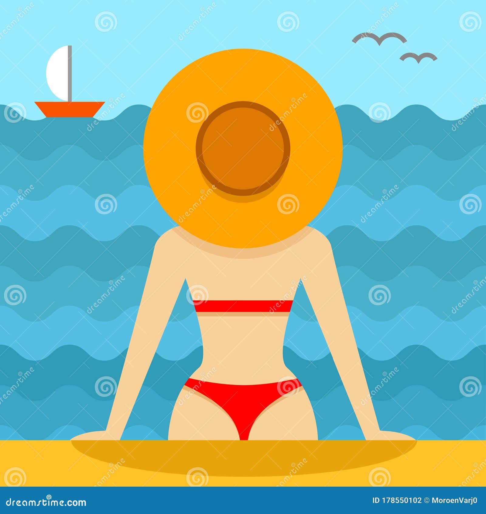 Woman Tanning With Hat At The Beach Sea Shore Sailboat Seagulls