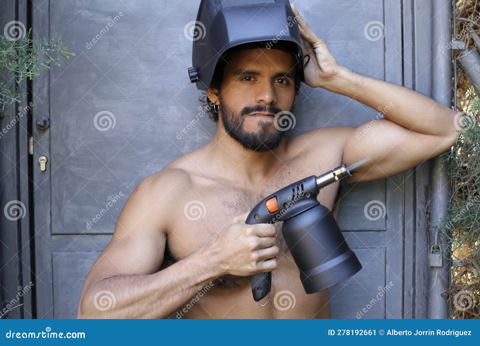 Worker Holding Welding Torch and Protective Helmet Stock Image - Image ...