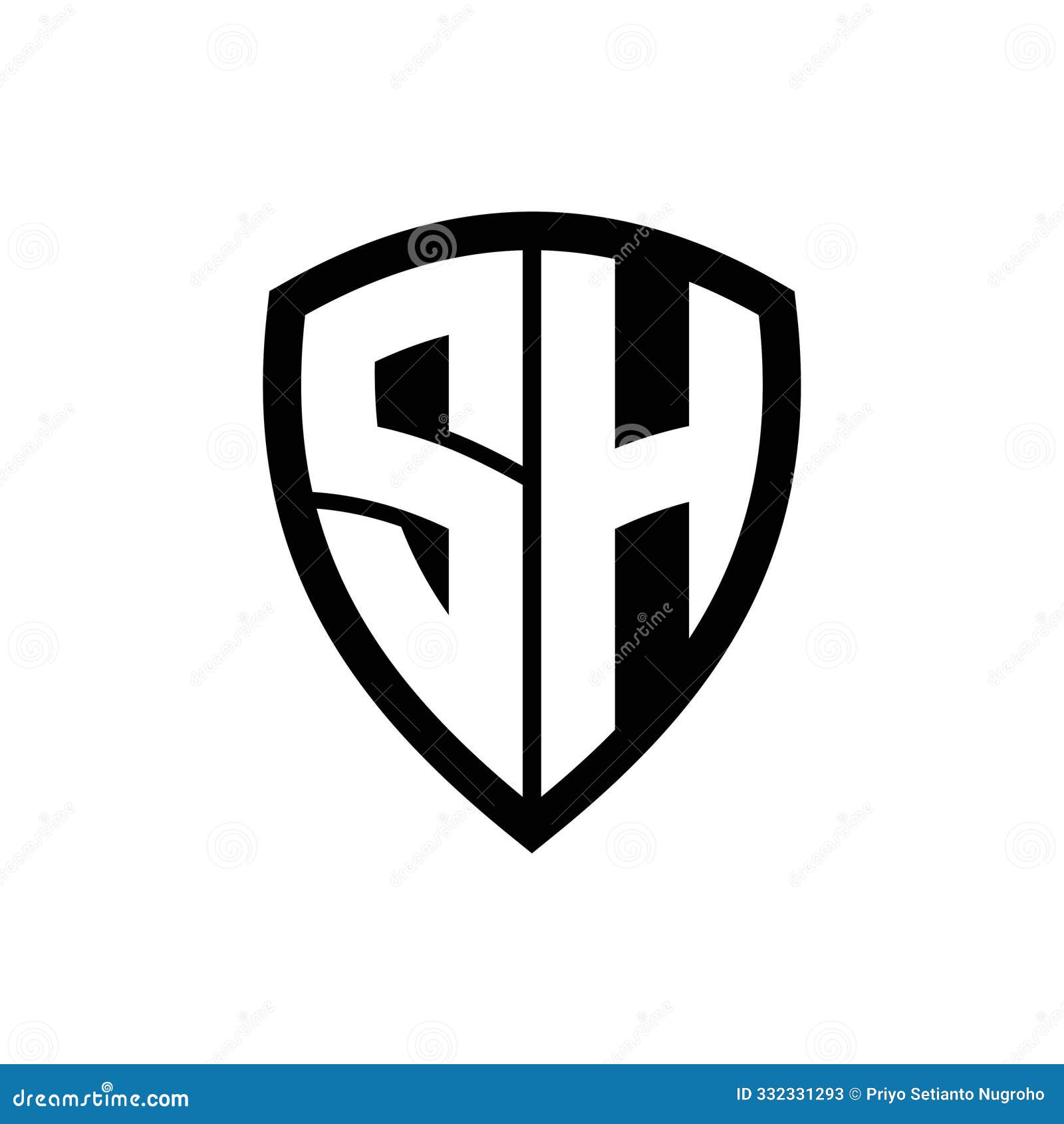 SH Monogram Logo with Bold Letters Shield Shape with Black and White ...