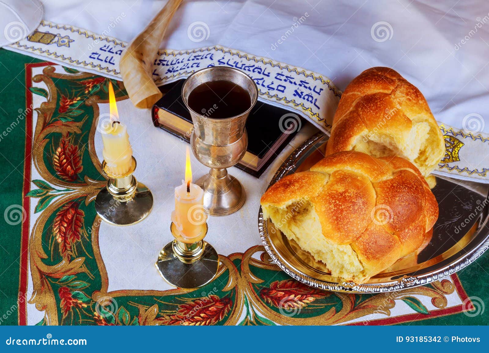 Shabbat Eve Table with Challah Bread, Candles and Kippah. Stock Photo ...
