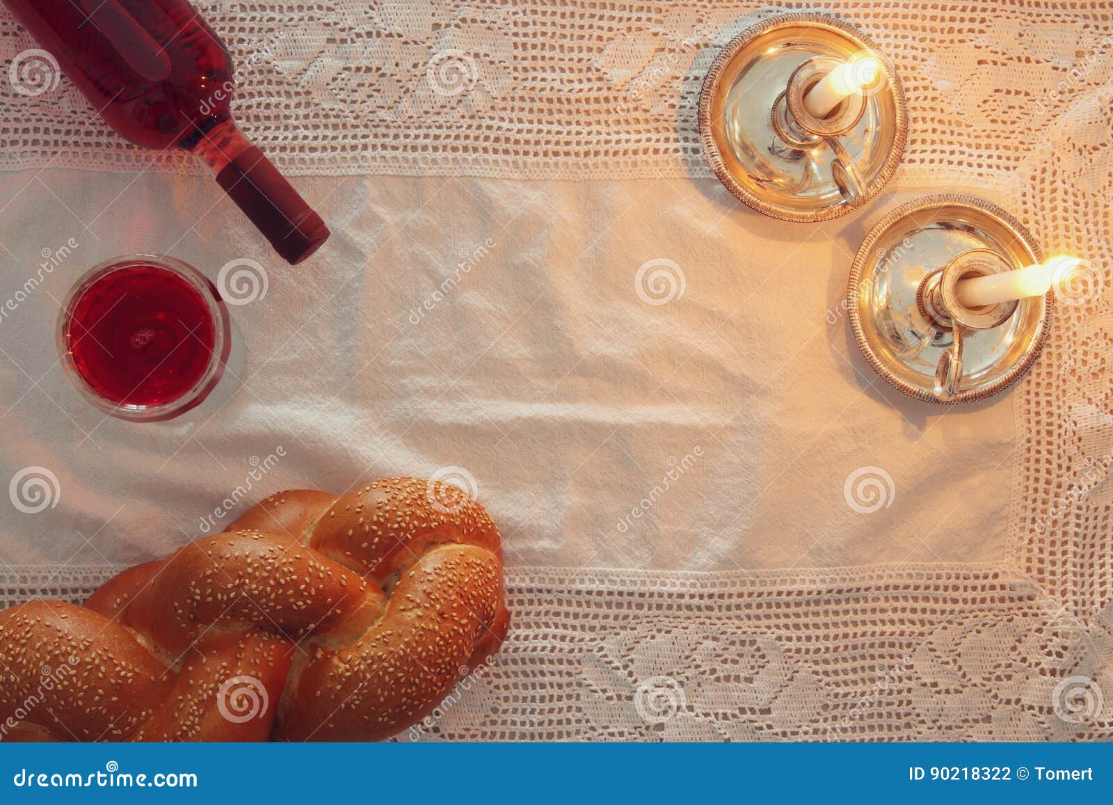Shabbat Image. Challah Bread, Shabbat Wine and Candles Stock Photo ...