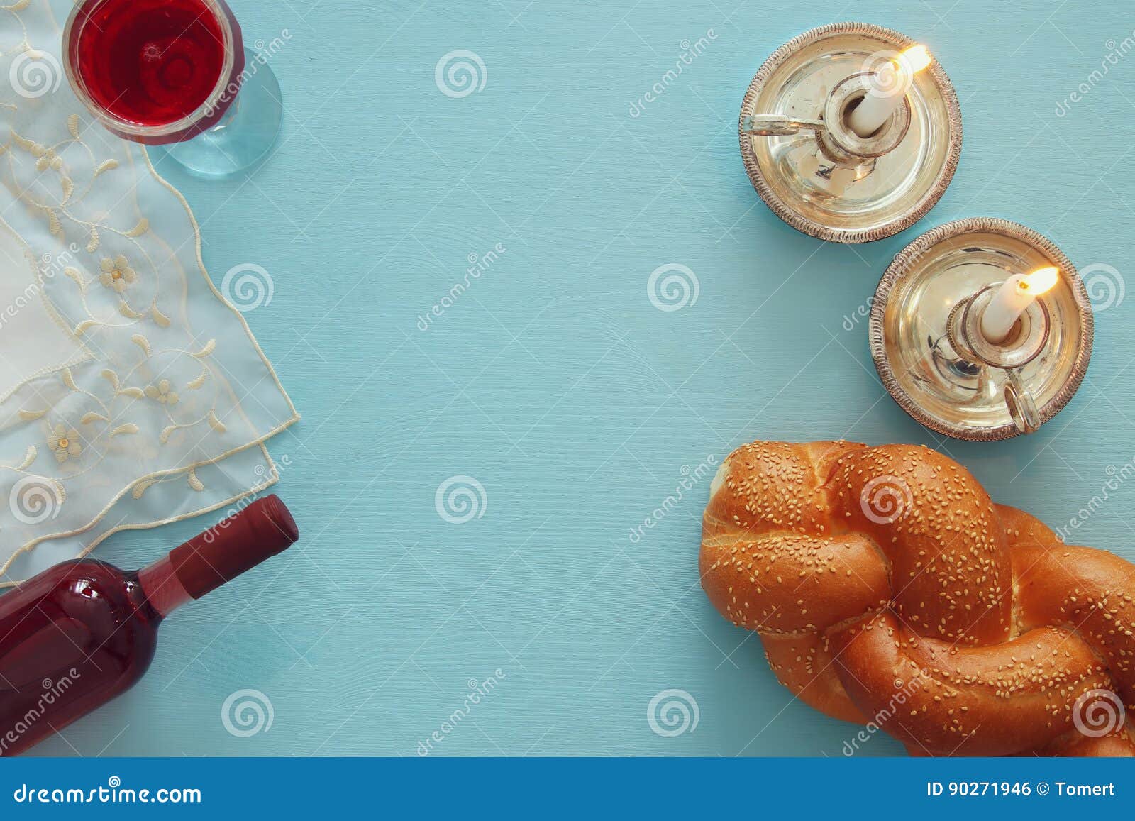 Shabbat Image. Challah Bread, Shabbat Wine and Candles Stock Photo ...