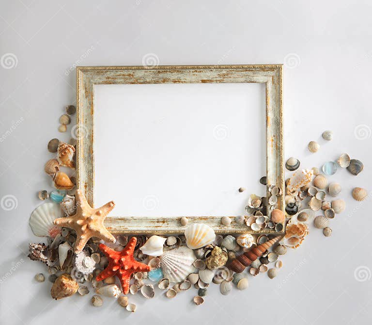 Shabby Picture Frame with Blank Space Inside, and Shells in Form Stock ...