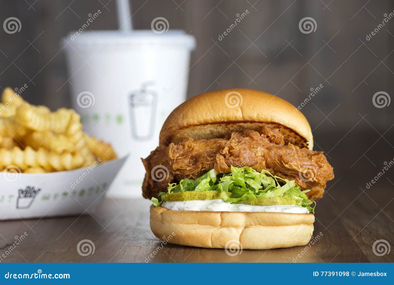 Shack Fried Chicken Hamburger with Fried Potatoes Stock Photo - Image ...