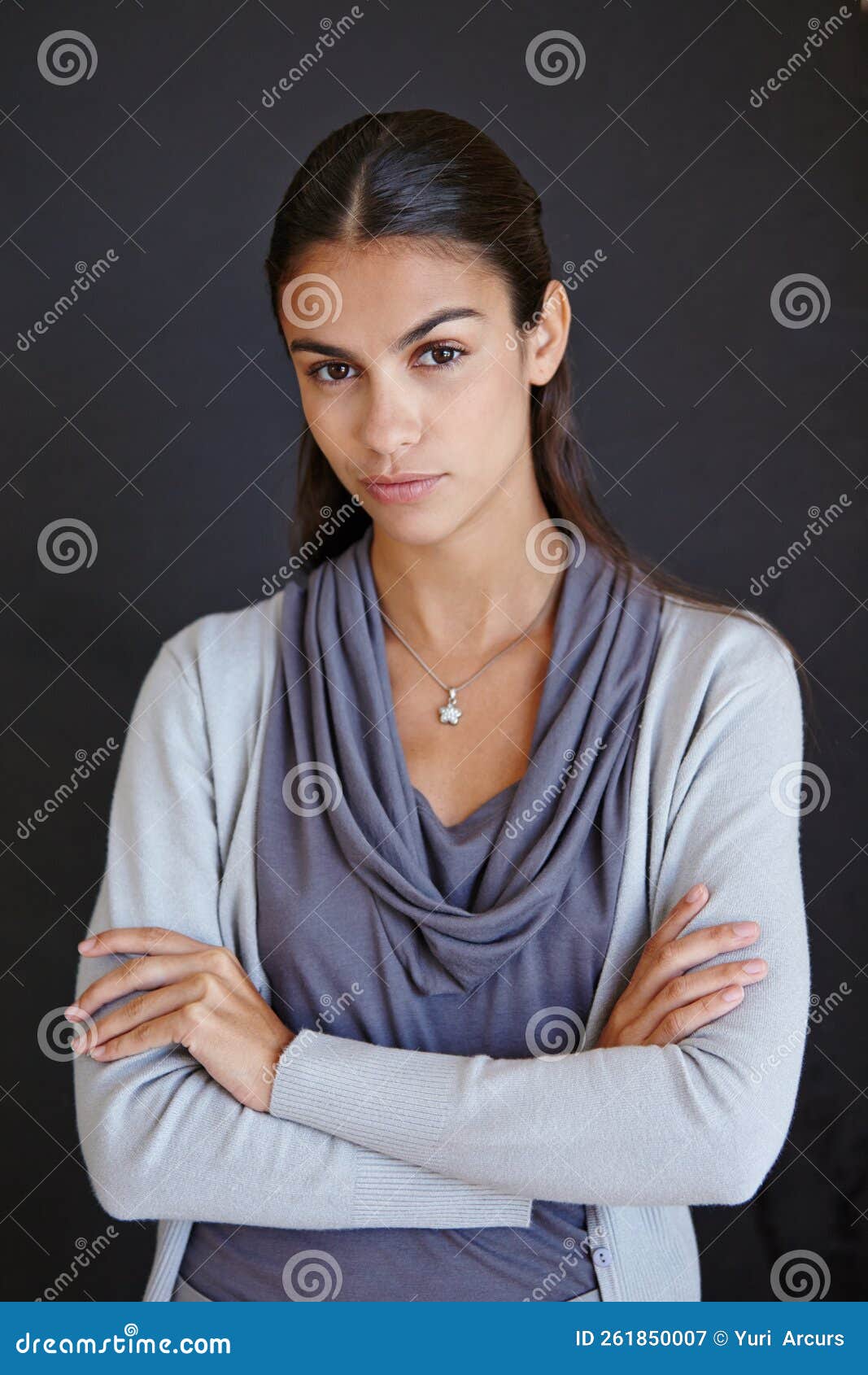 51 Shades Of Grey A Young Woman Standing Isolated Infront Of A Grey Backdrop Stock Image
