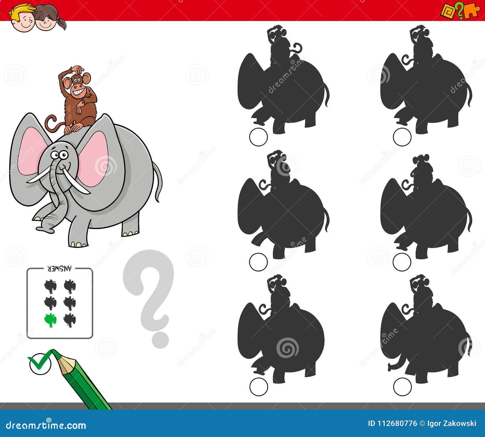 Shadow Activity Game with Elephant and Monkey Stock Vector ...