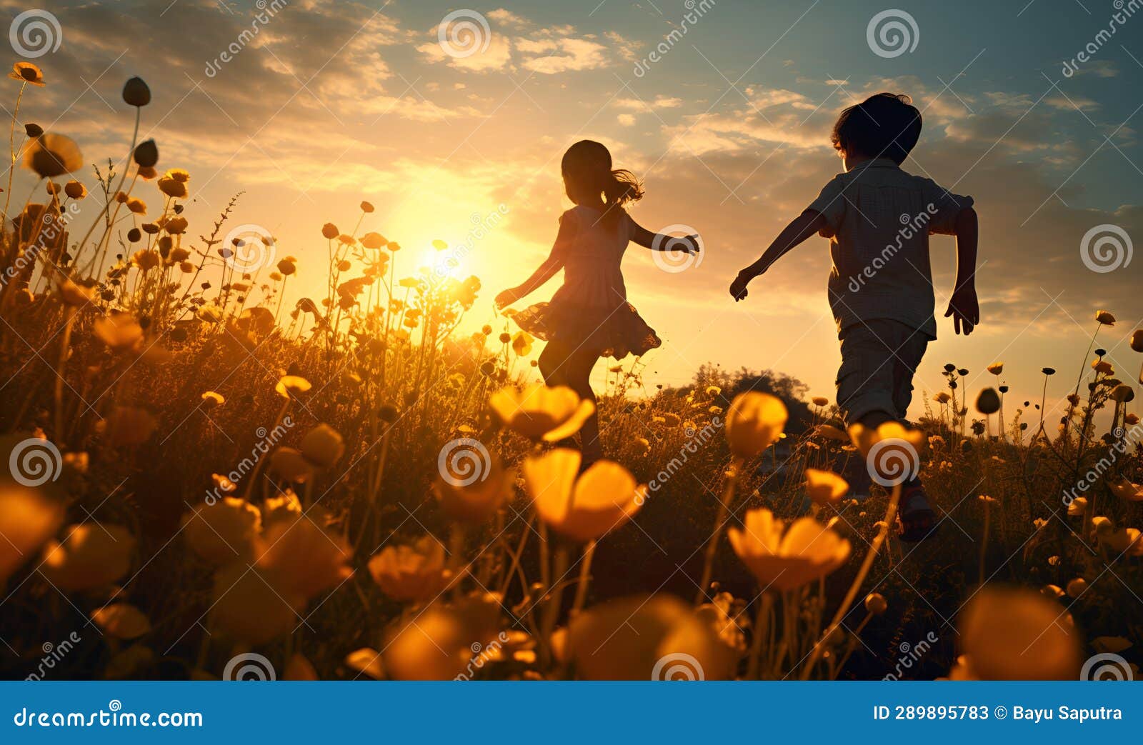 Shadow of Children Playing in a Field of Flowers at Sunset, Ai ...