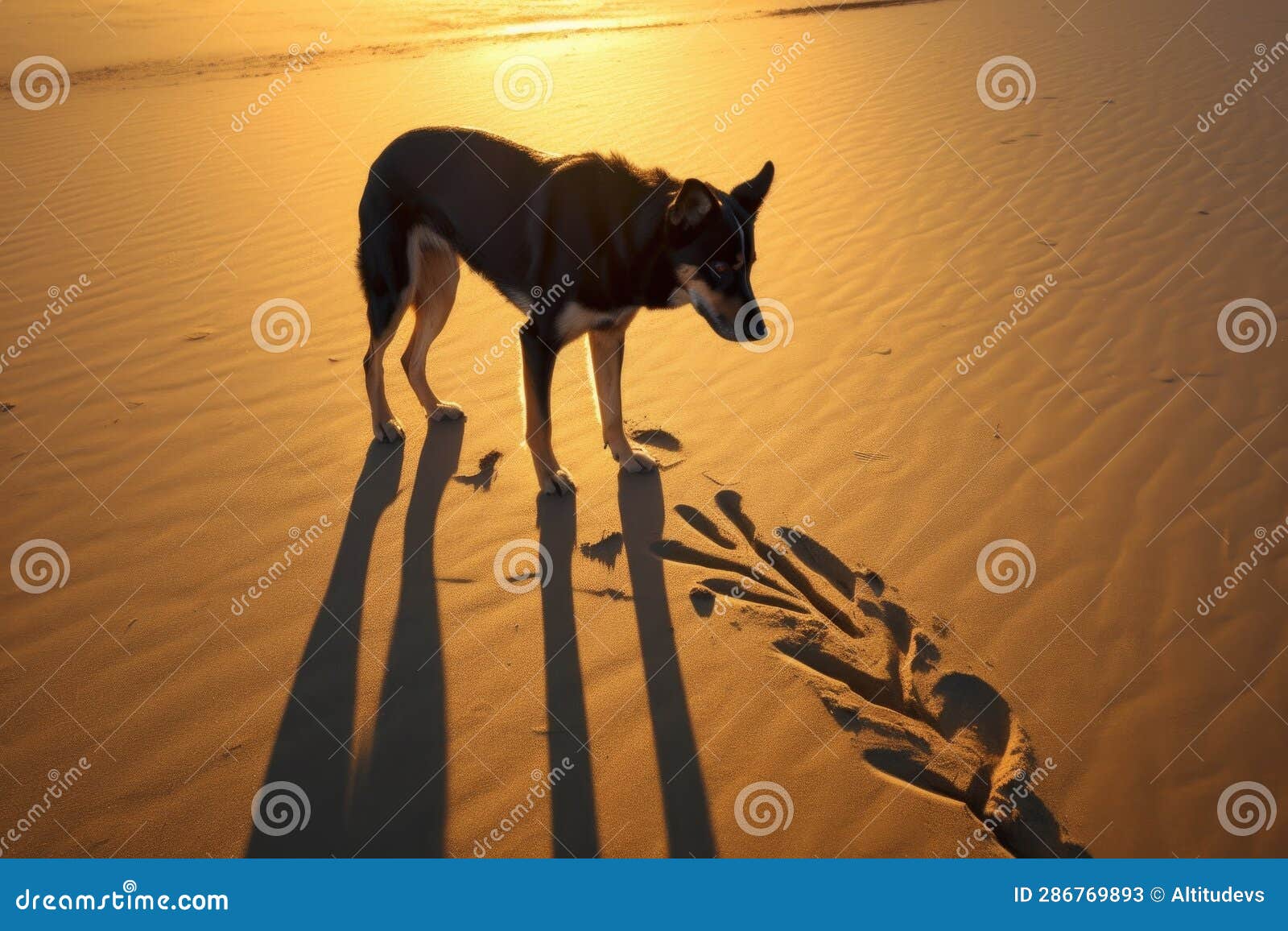 Shadow of Dog Digging in Sunset-lit Sand Stock Image - Image of beach ...