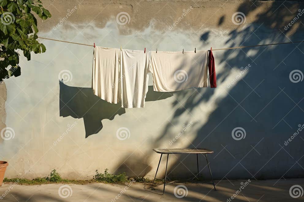 Shadow of Laundry on Clothesline Against Wall Stock Illustration - Illustration of sunlight ...