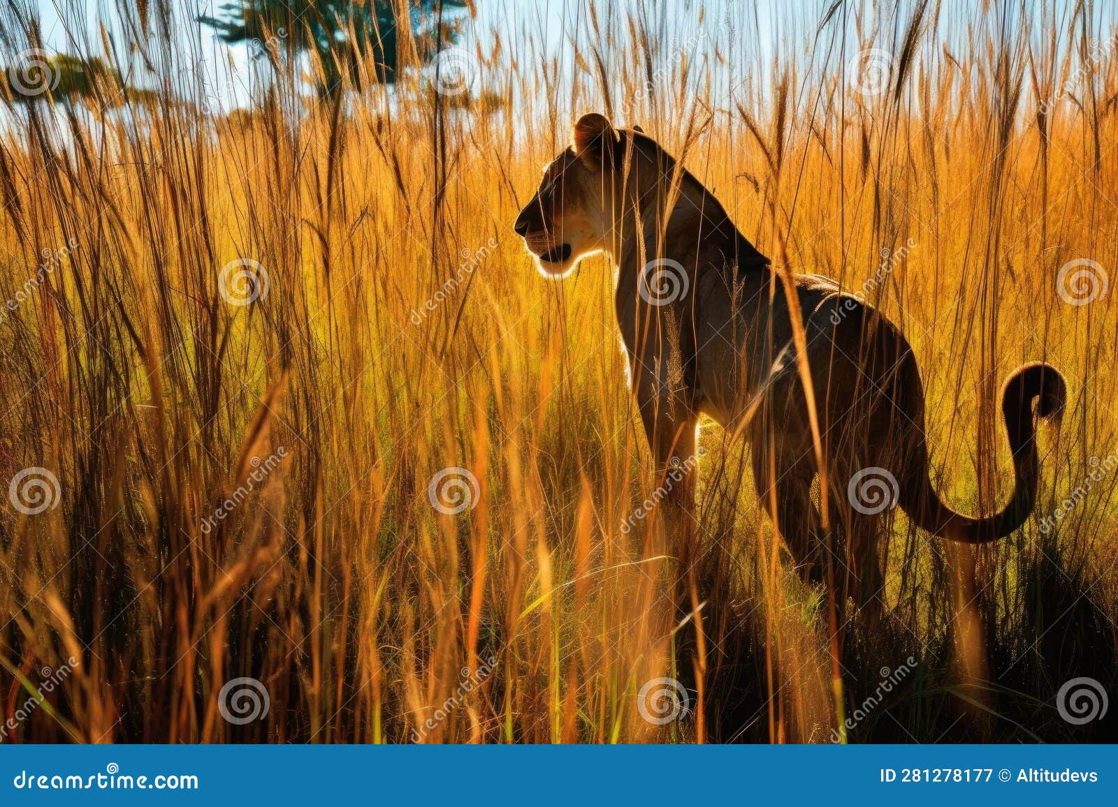 Shadow of a Lion Cast on Sunlit Savanna Grass Stock Illustration ...