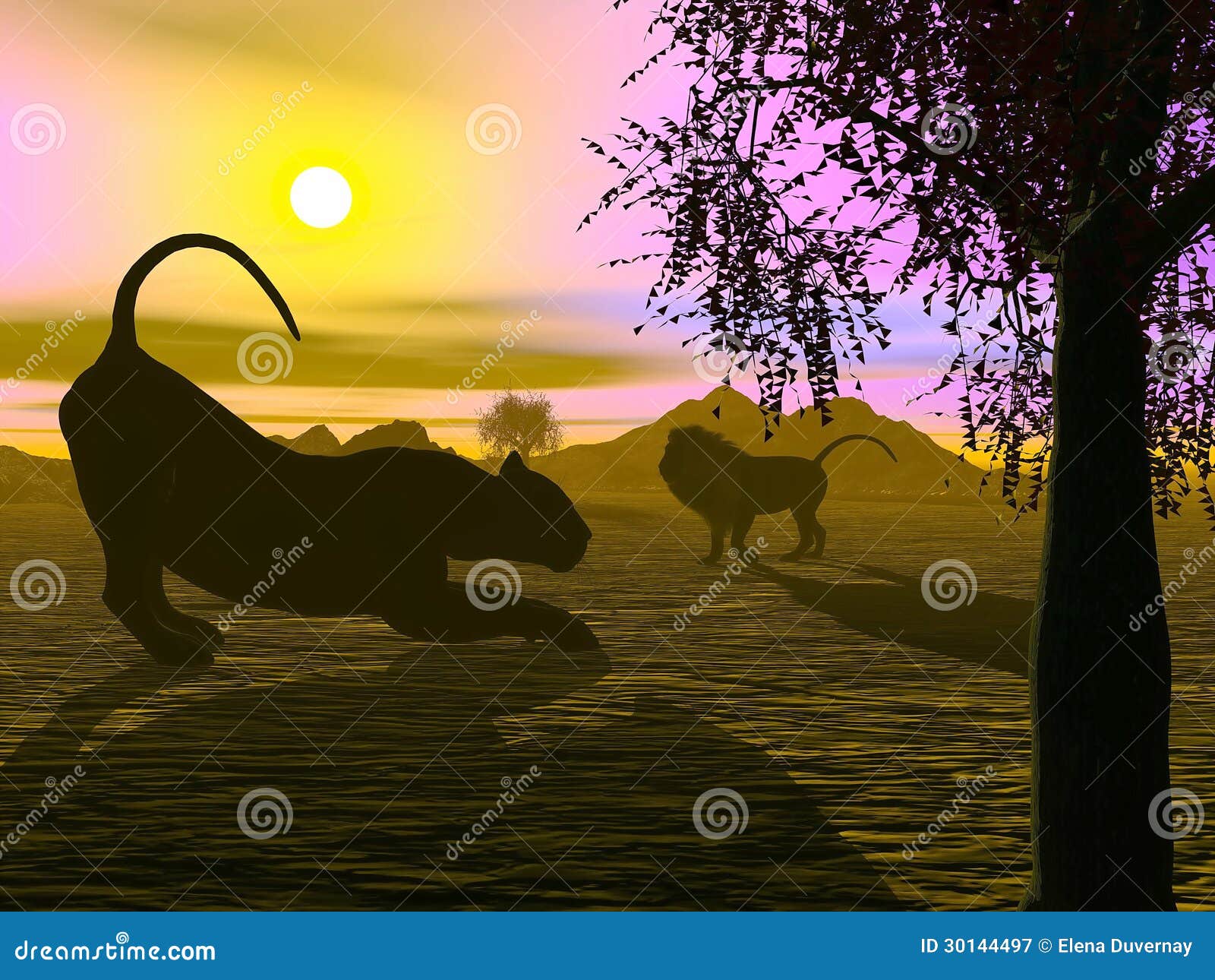 Lions by Sunset - 3D Render Stock Illustration - Illustration of light ...