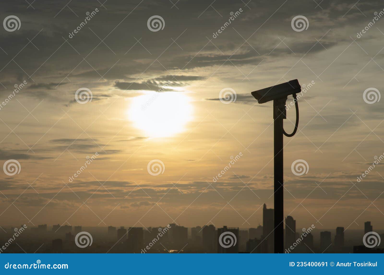 Shadow of Modern Surveillance Camera on Cityscape and Skyscraper ...