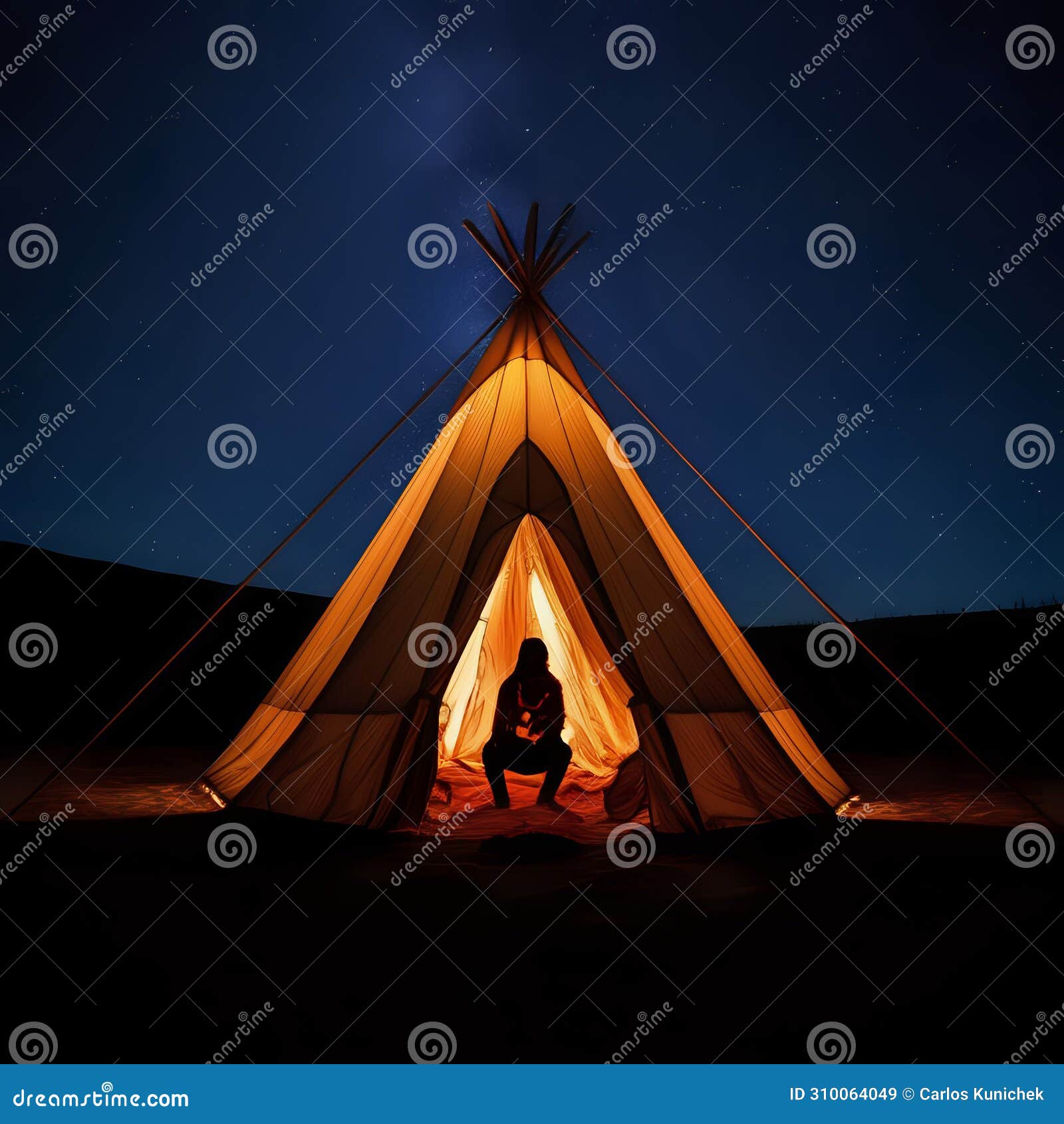Teepees Under Night Sky Full Of Stars. Camping At Traditional Teepee At Night. AI Generative ...