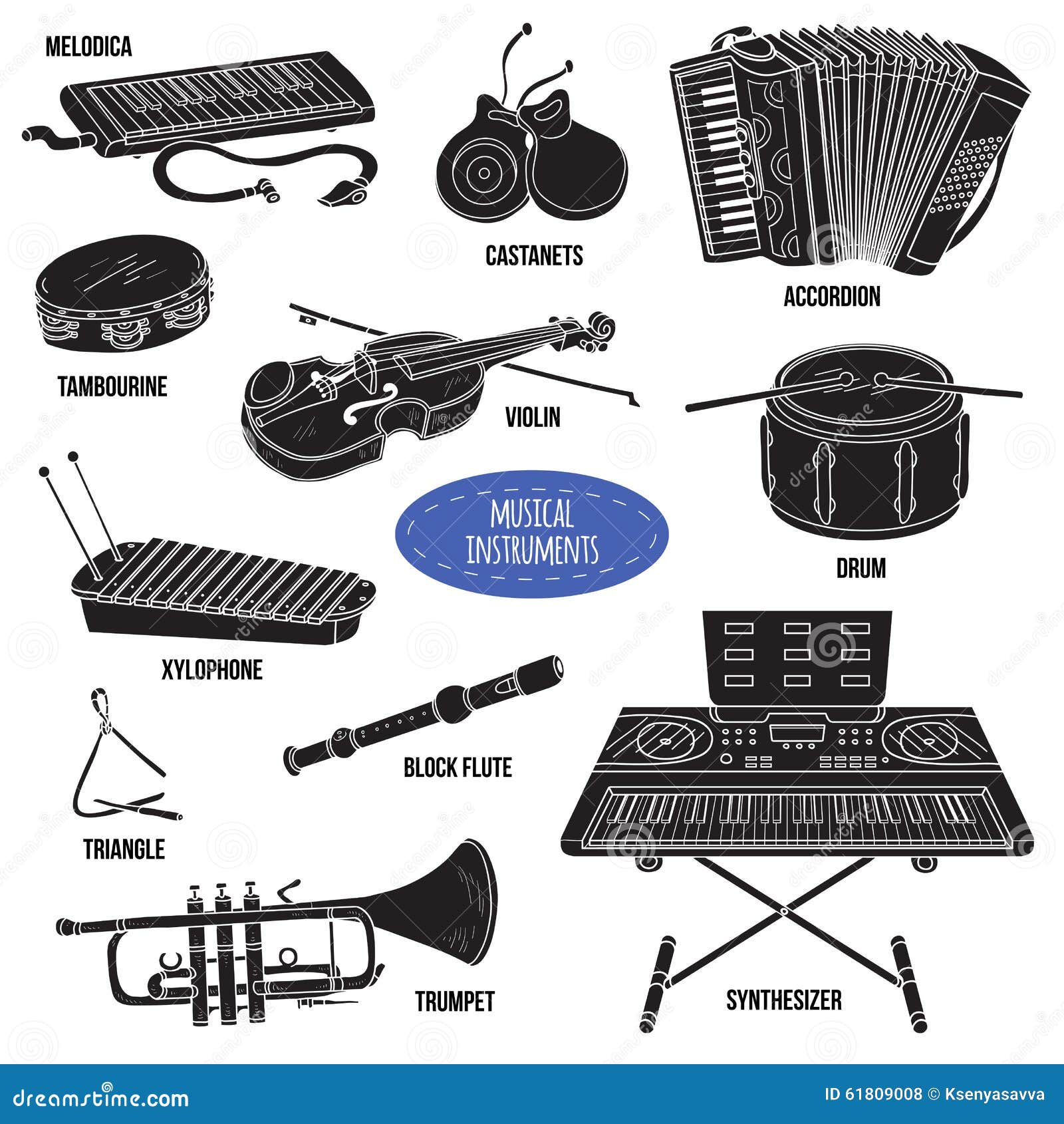 Shadow Set with Musical Instruments, Vector Cartoon Collection Stock ...