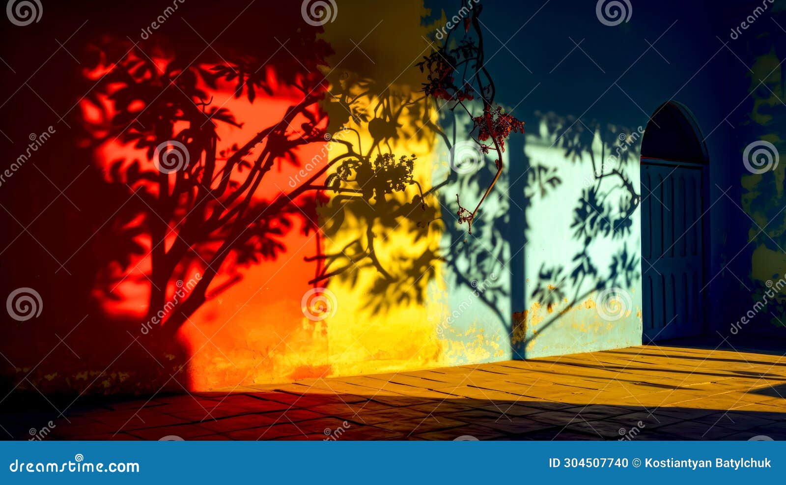 Shadow of Tree on Wall Next To Tree Branch on Sidewalk. Generative AI ...