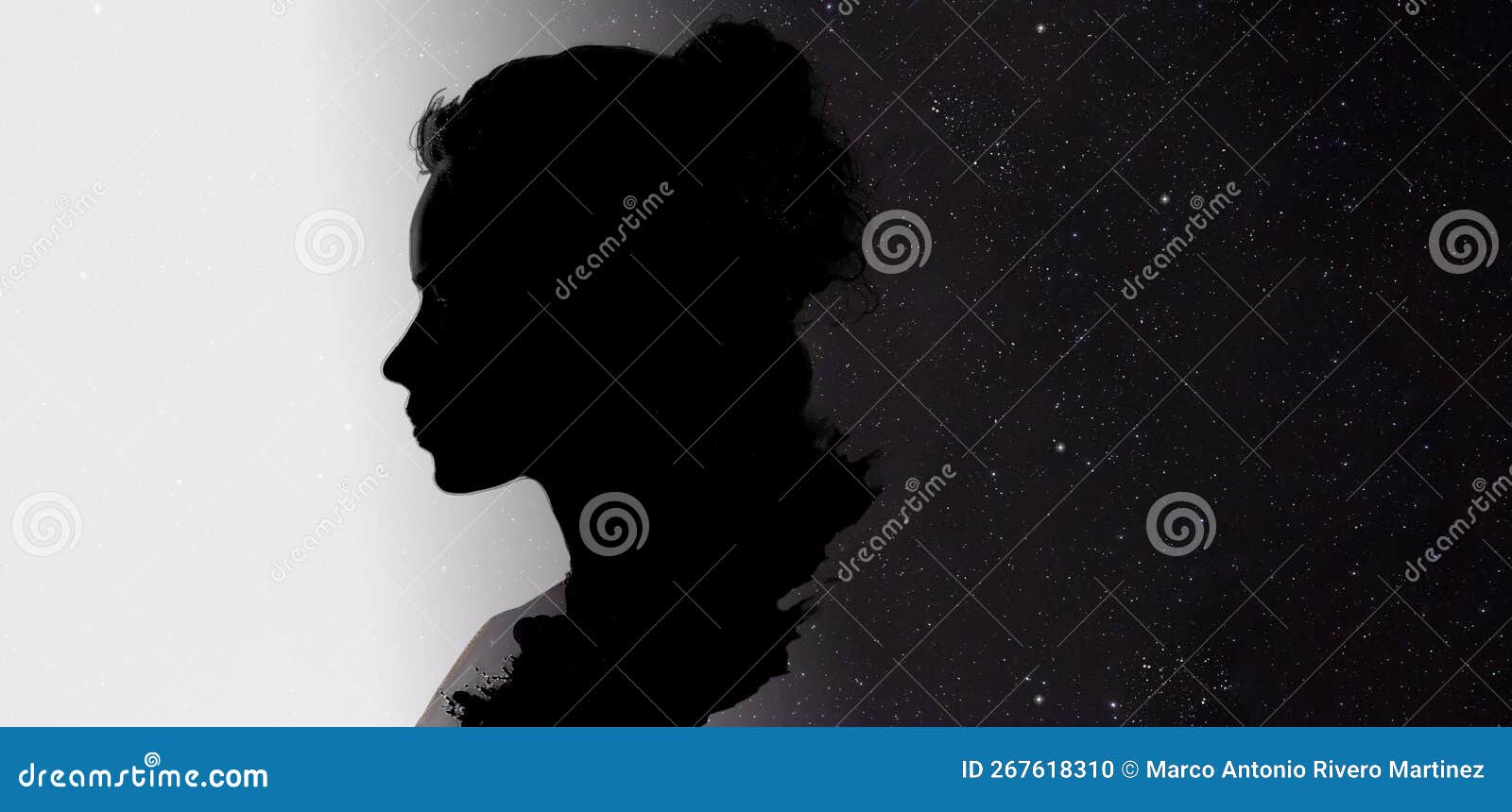 Shadow of a Woman in Profile Thinking about a Galaxy in Her Head Stock ...