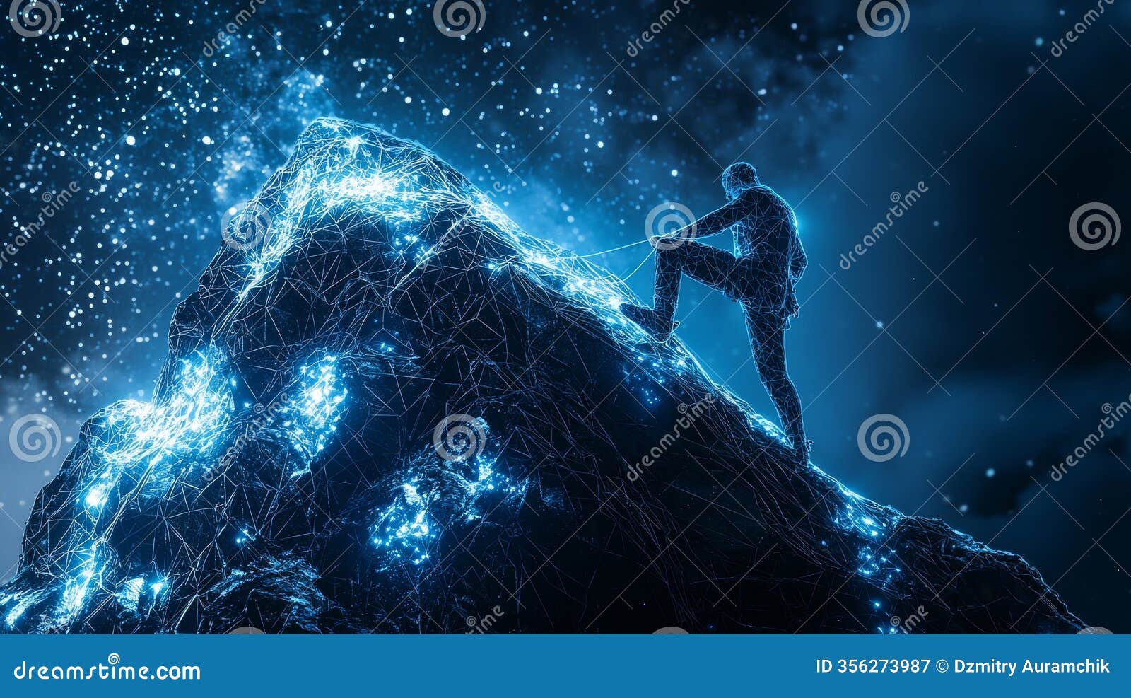 A Shadowed Figure of a Man Climbing a Digital Peak Under a Star-studded ...
