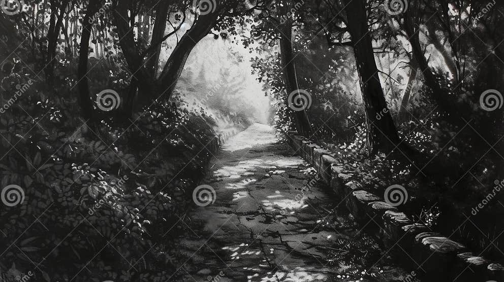 Shadowed Forest Path with Light Filtering through Trees Stock Image ...