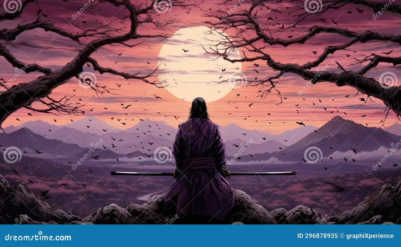 Shadowed Samurai at Sunset stock illustration. Illustration of detailed ...