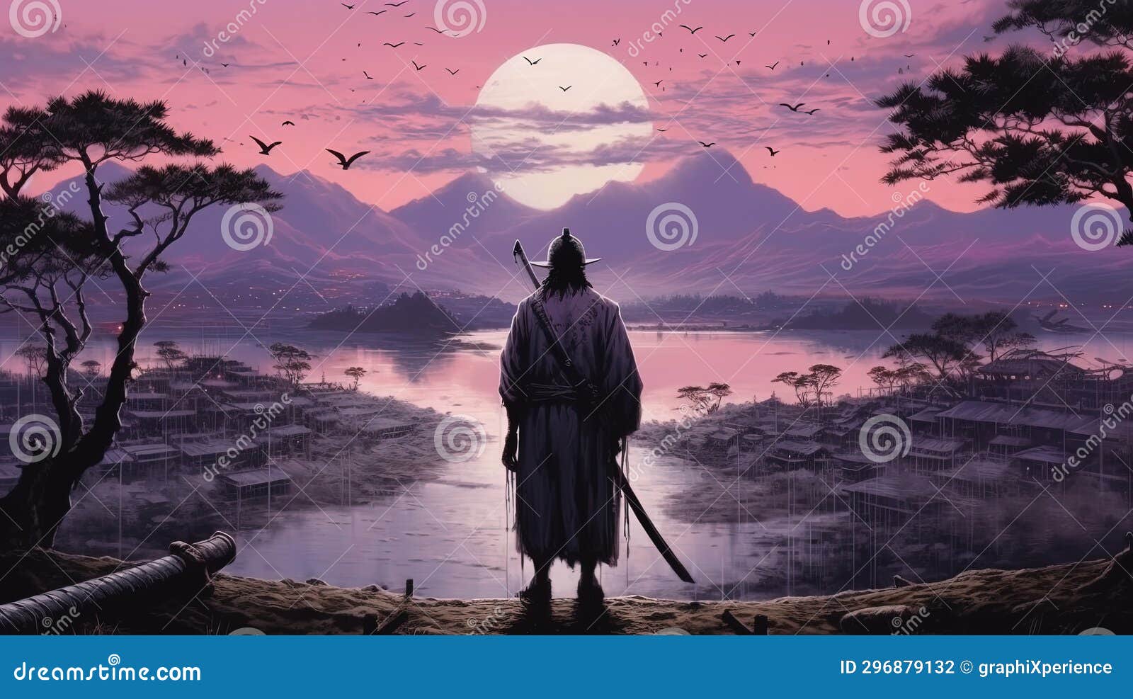 Shadowed Samurai at Sunset stock illustration. Illustration of warriors ...