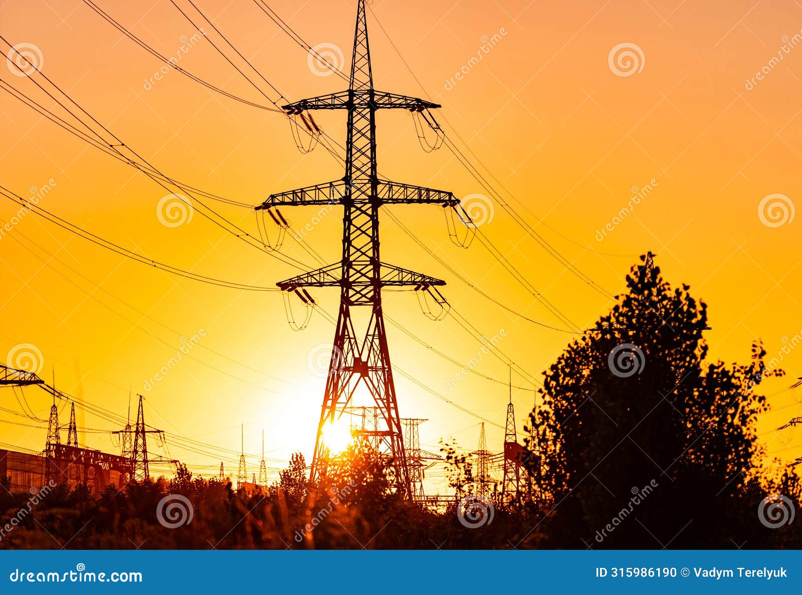 Shadows of Electrical Power Stations. Industrial Shadows Cable Lines ...
