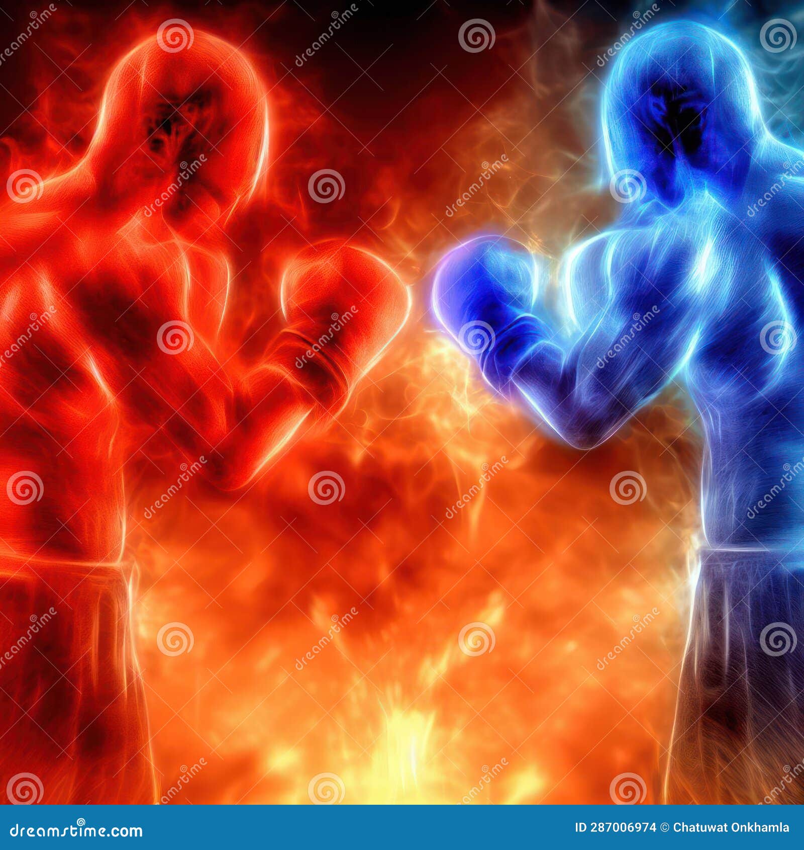 Shadows Formed by Red and Blue Sparks Form Boxers Fighting in the Ring ...