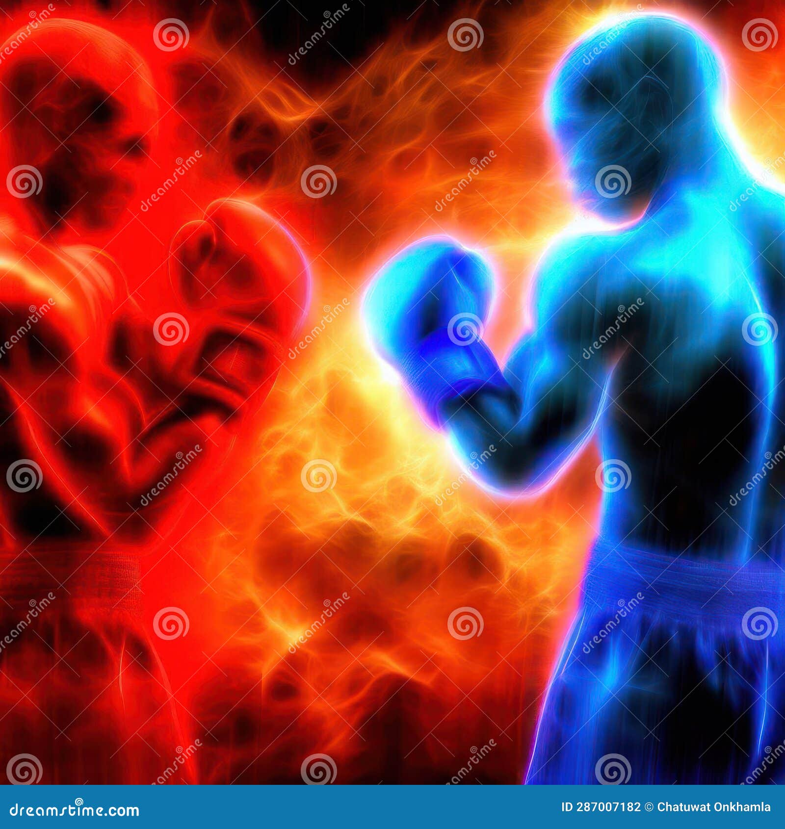 Shadows Formed by Red and Blue Sparks Form Boxers Fighting in the Ring ...