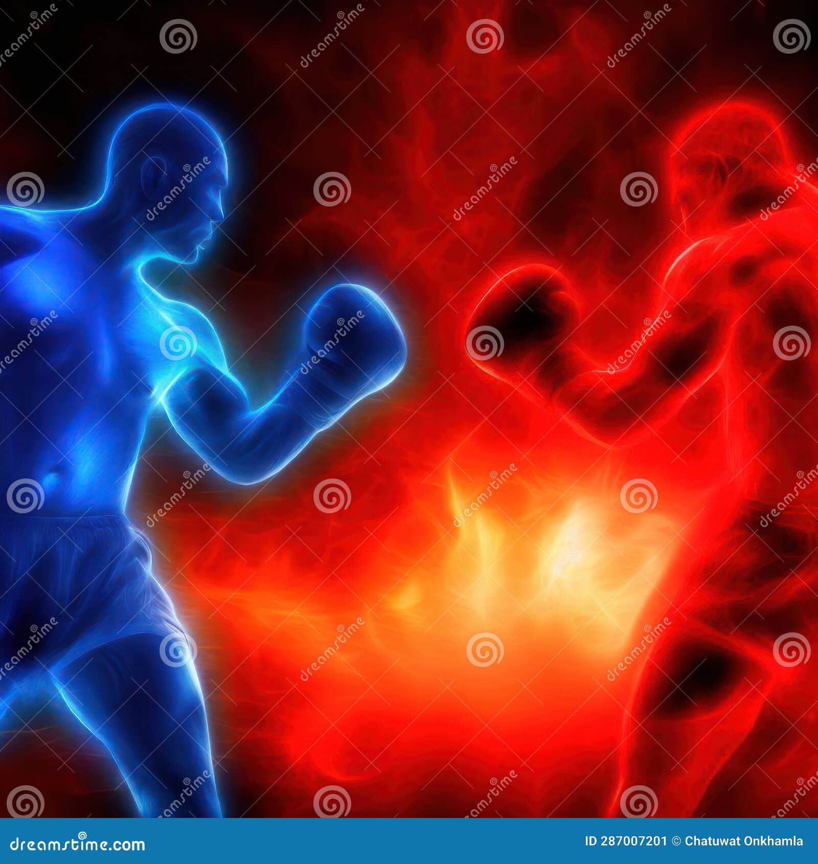 Shadows Formed by Red and Blue Sparks Form Boxers Fighting in the Ring ...