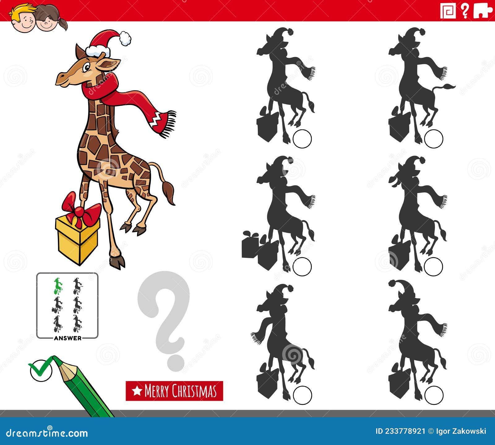 Shadows Game with Cartoon Giraffe Character on Christmas Time Stock ...