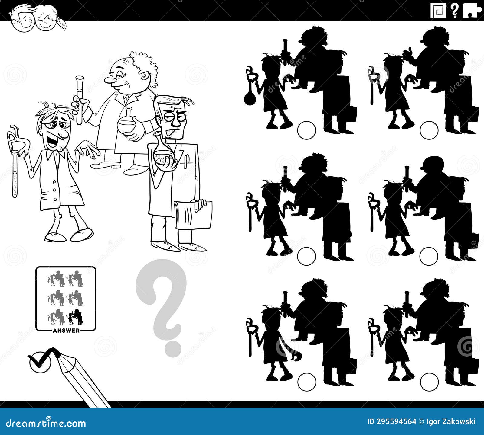 Shadows Game with Cartoon Scientists or Inventors Coloring Page Stock ...