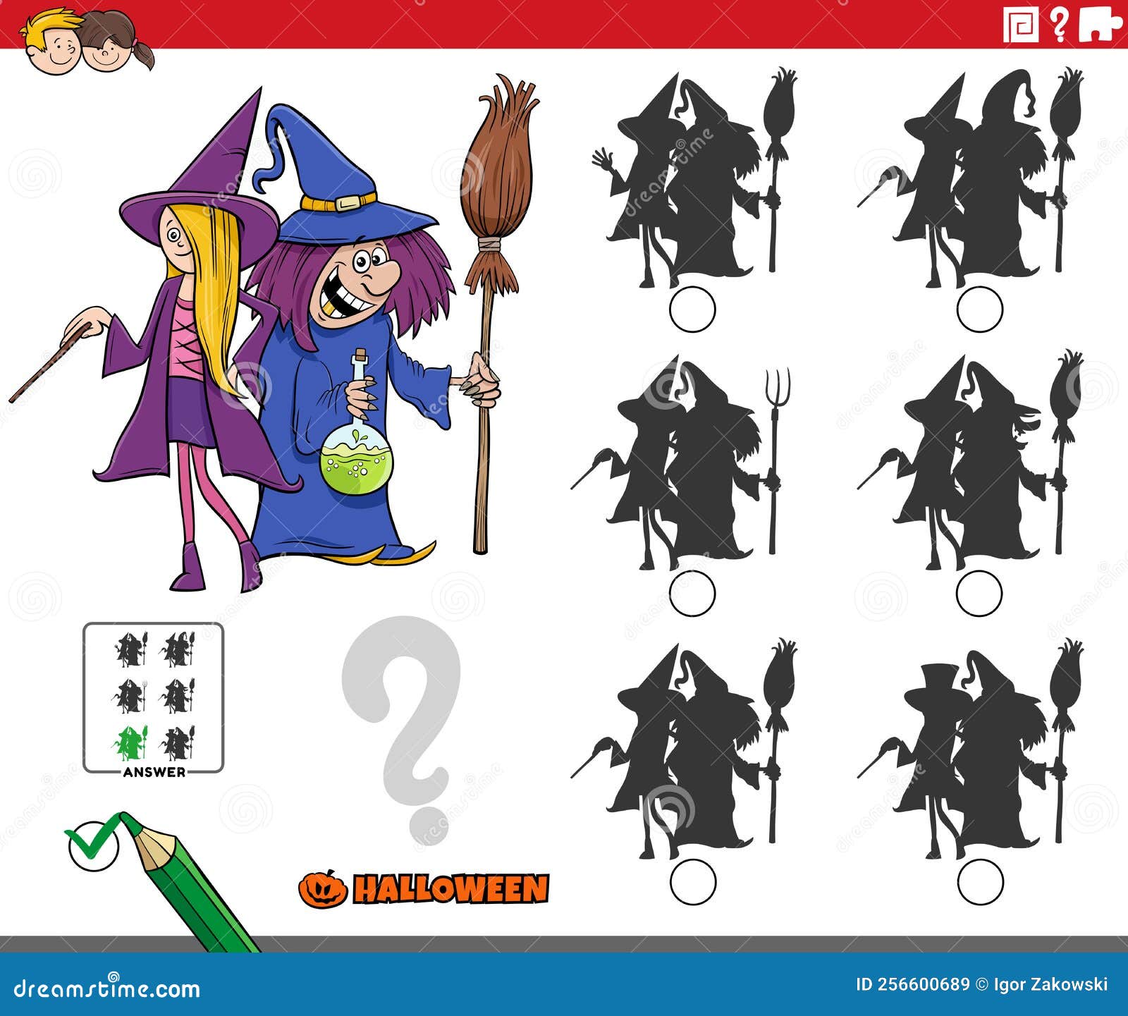 Shadows Game with Cartoon Witches on Halloween Stock Vector ...
