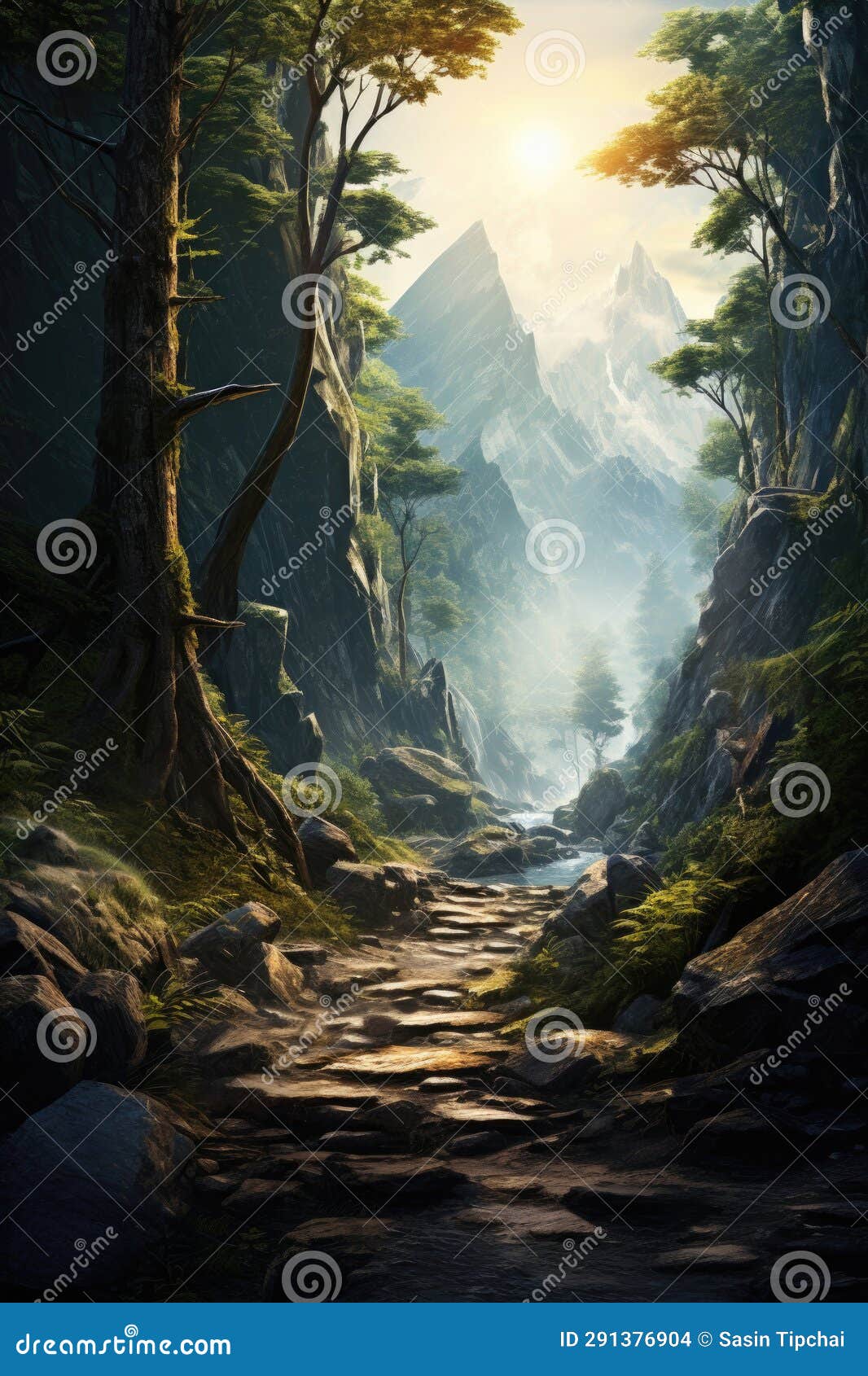 A Shadowy Birch and Ceder Tree Forest Path with Tall Birch and Cedar ...