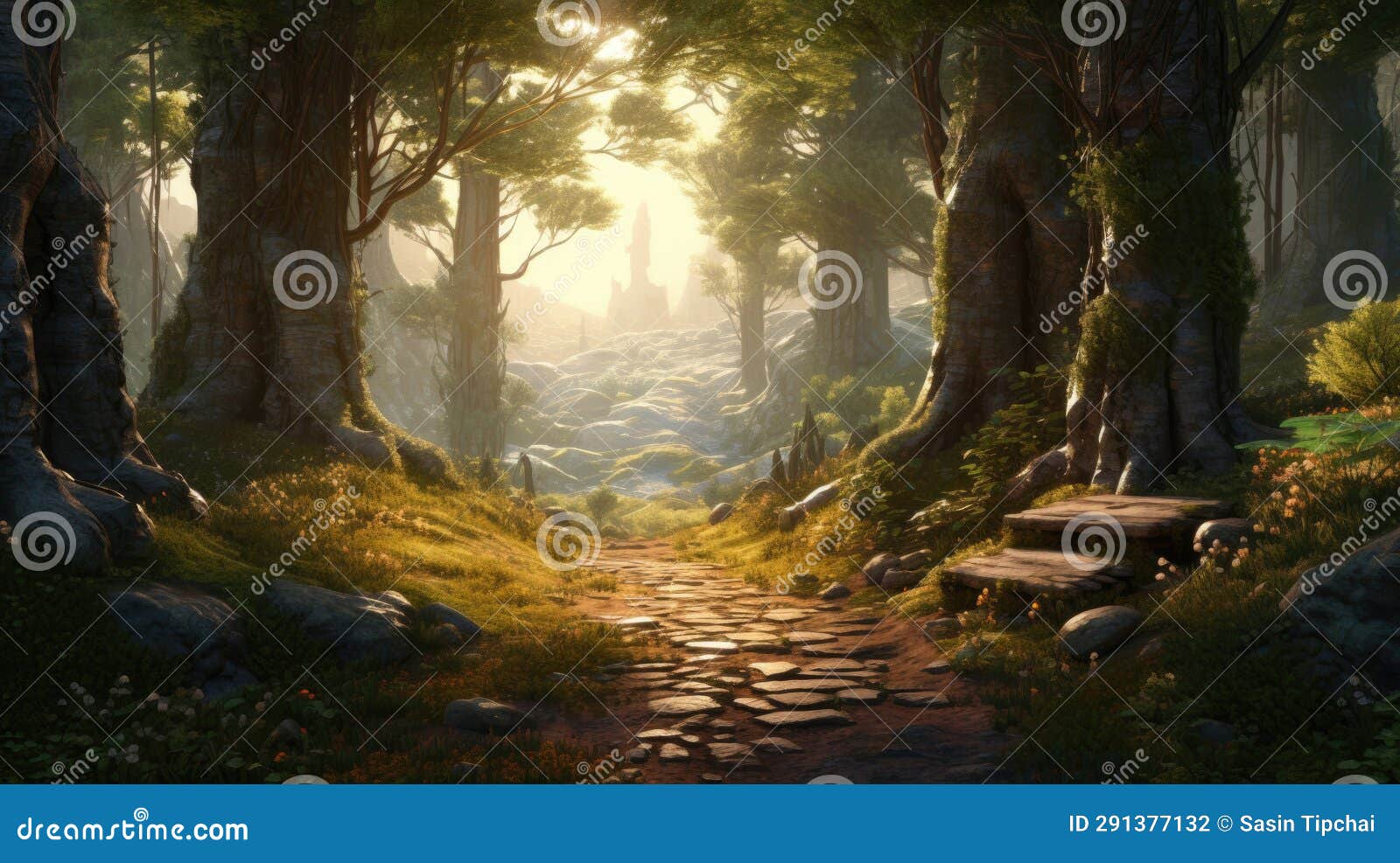 A Shadowy Birch and Ceder Tree Forest Path with Tall Birch and Cedar ...