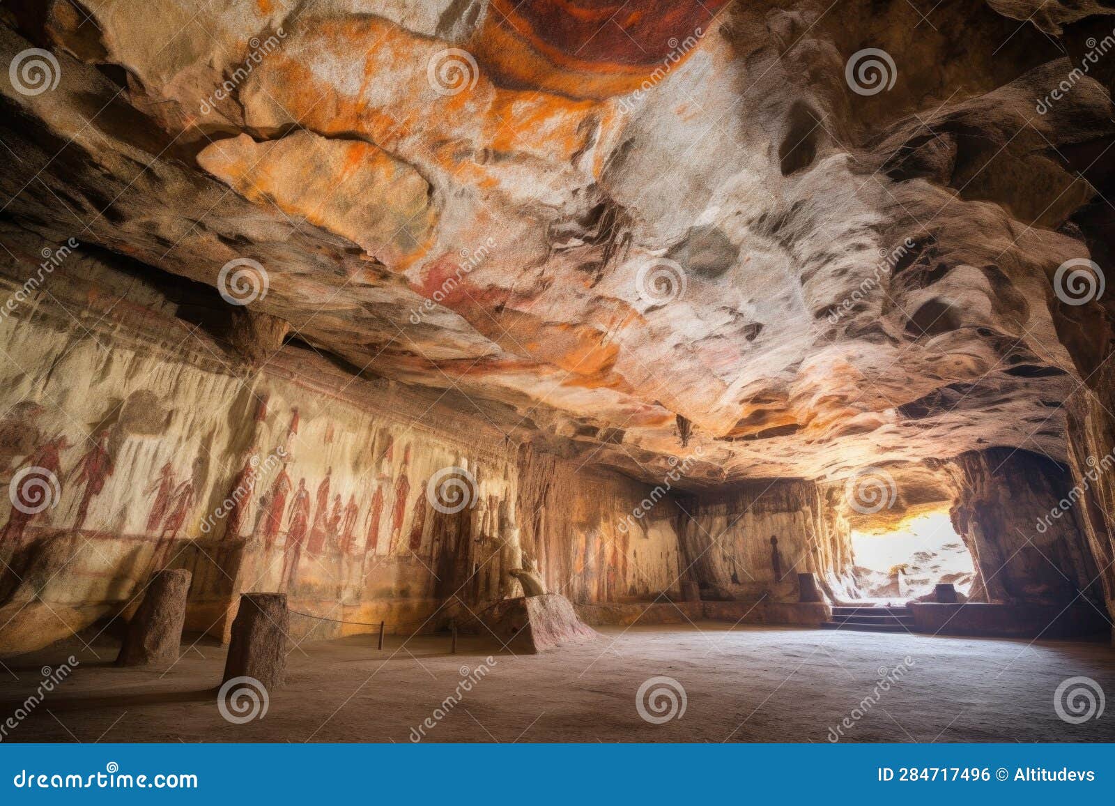 Shadowy Cave Interior with Vibrant Prehistoric Paintings Stock ...