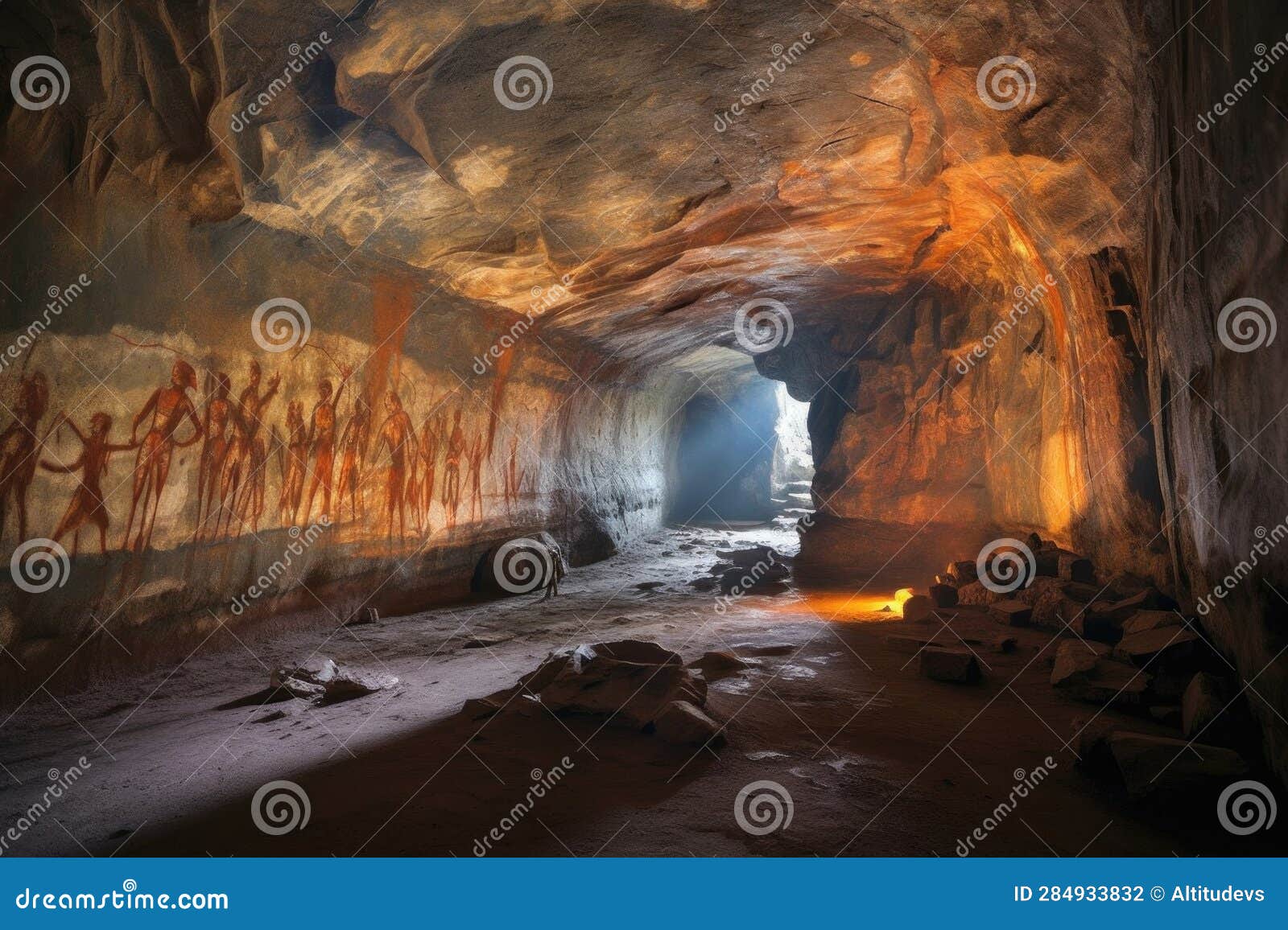Shadowy Cave Interior With Vibrant Prehistoric Paintings Royalty-Free ...
