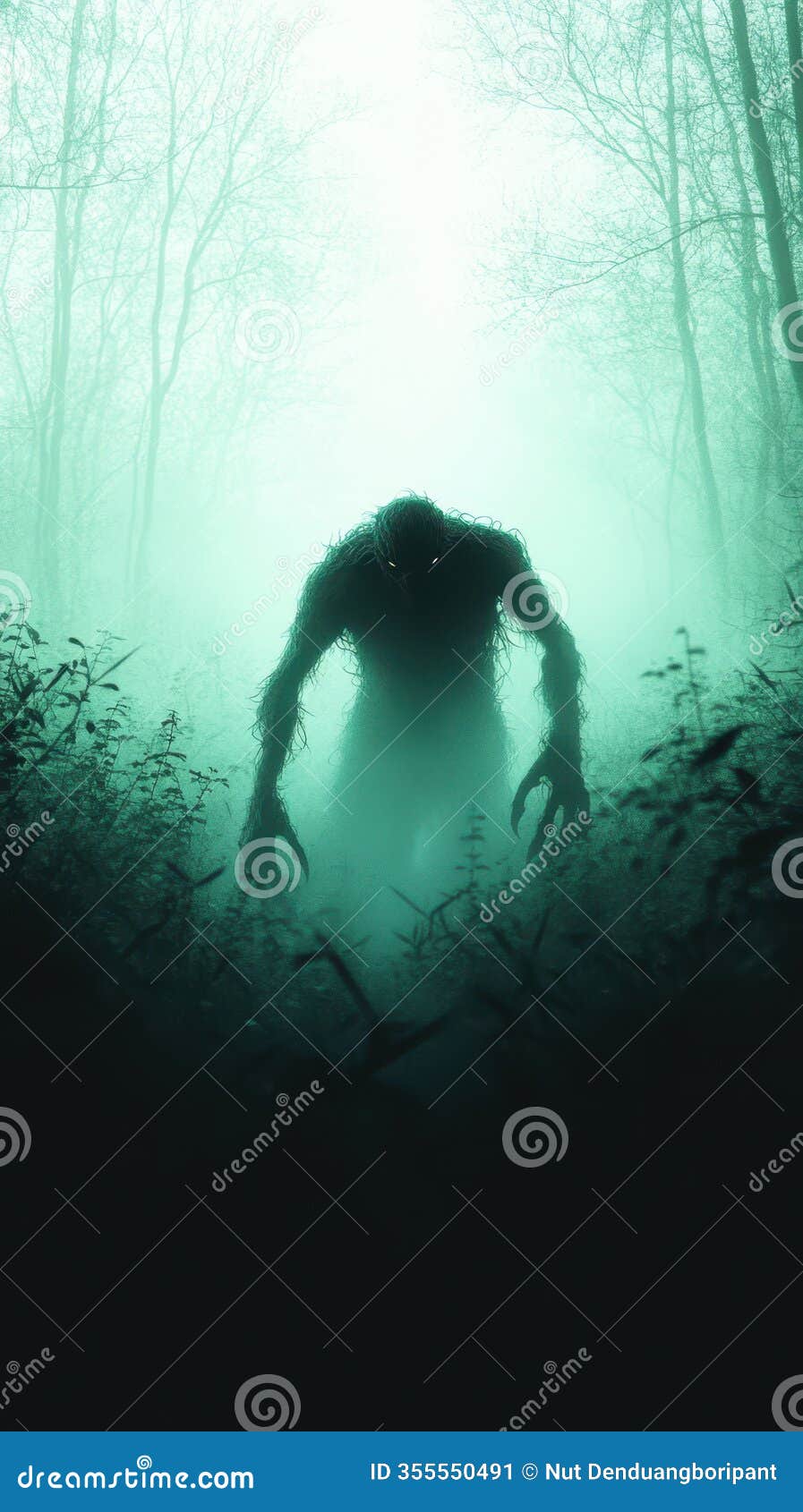 Shadowy Creature with Elongated Limbs Lurks in Misty Forest Stock ...